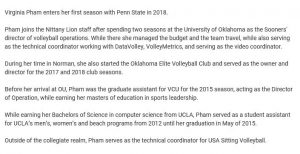 Penn State Adds Virginia Pham as Director of Volleyball Operations ...